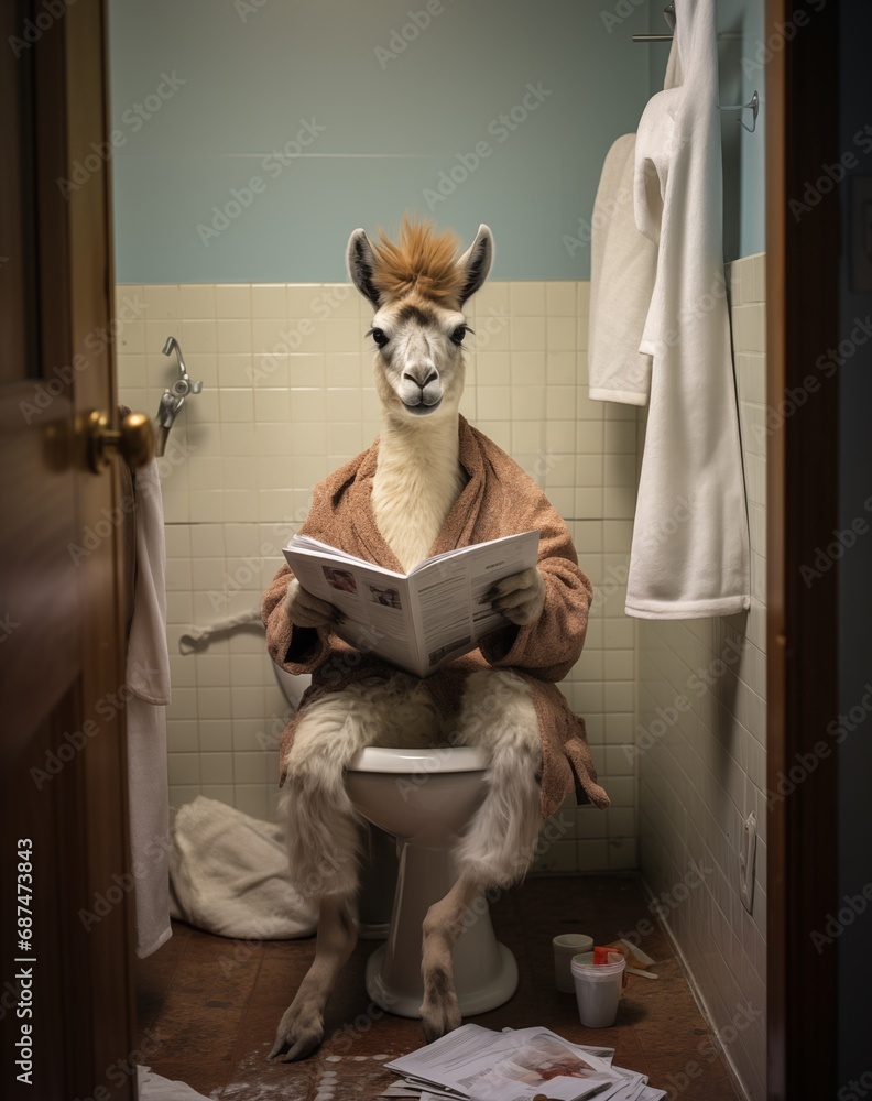 Llama sitting on toilet reading newspaper. Nothing to see here. Stock ...