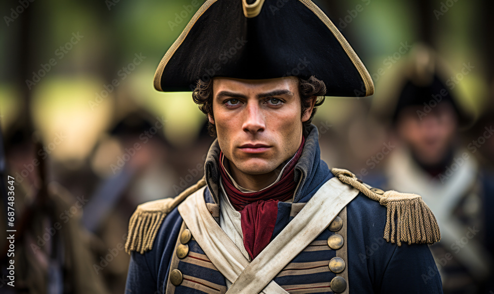 Solemn soldier in historical military uniform with regiment insignia ...