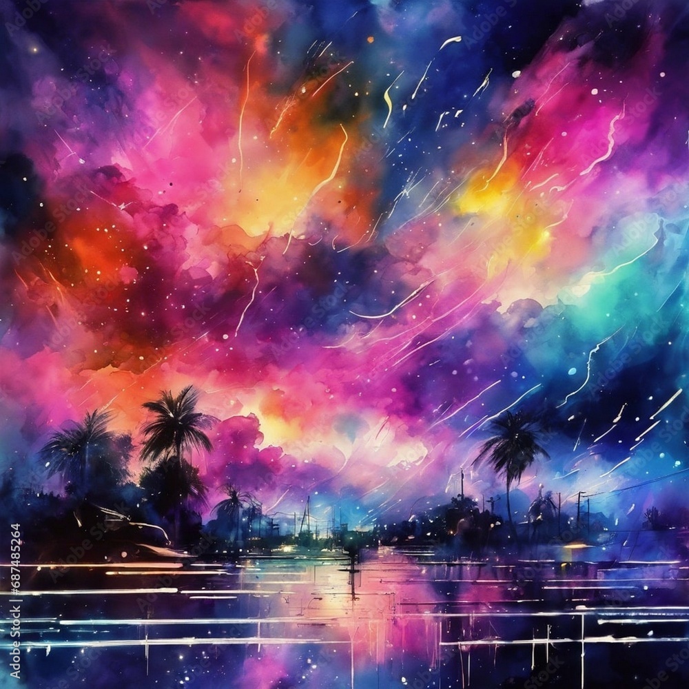 night sky over the city, radiant nebula, star clusters and gas clouds ...