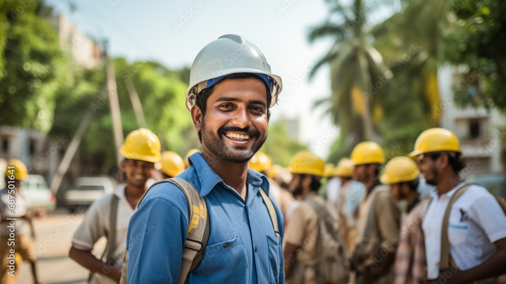 Indian worker man wearing uniform and helmet working at construction ...