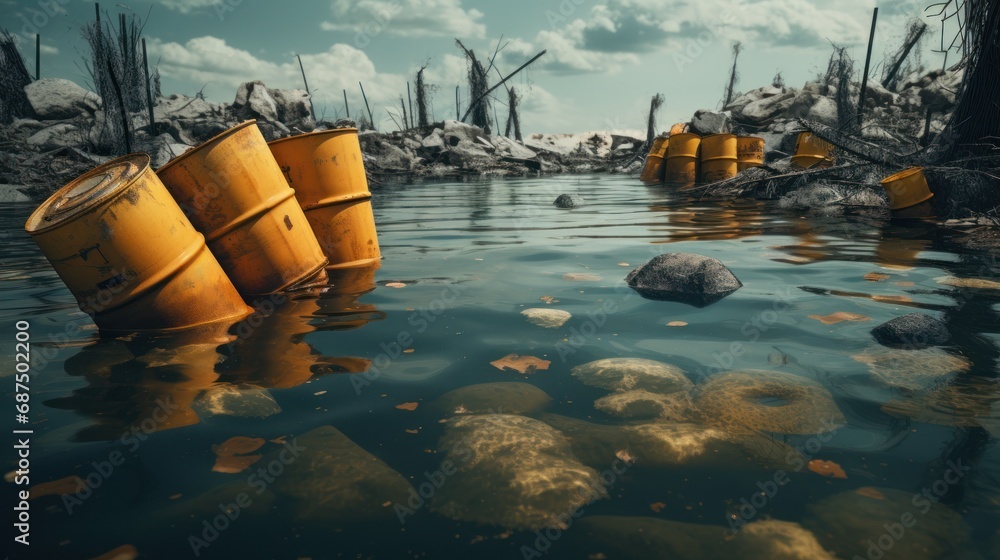 Nuclear waste drum Radioactively contaminated water background ...