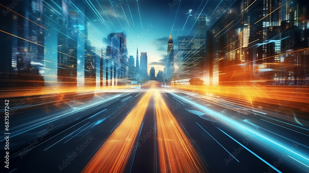 Digital Data Flow On Road With Motion Blur To Create Vision Of Fast Speed Transfer Concept Of