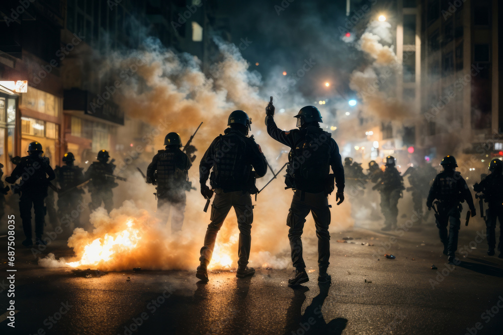 Rear view of police officers amid smoke and fire during protests and ...