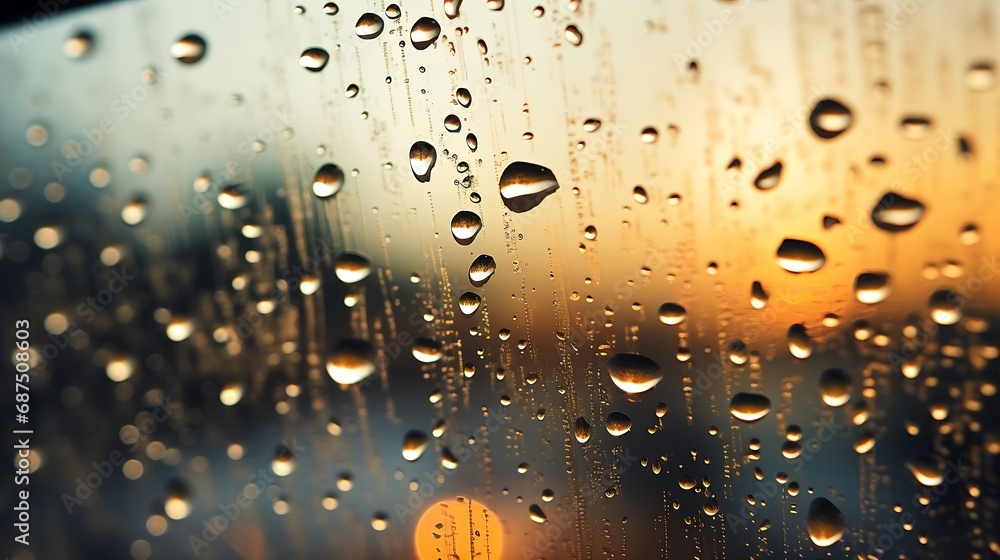 Drops of night rain on window, on back plan washed away lights of the ...