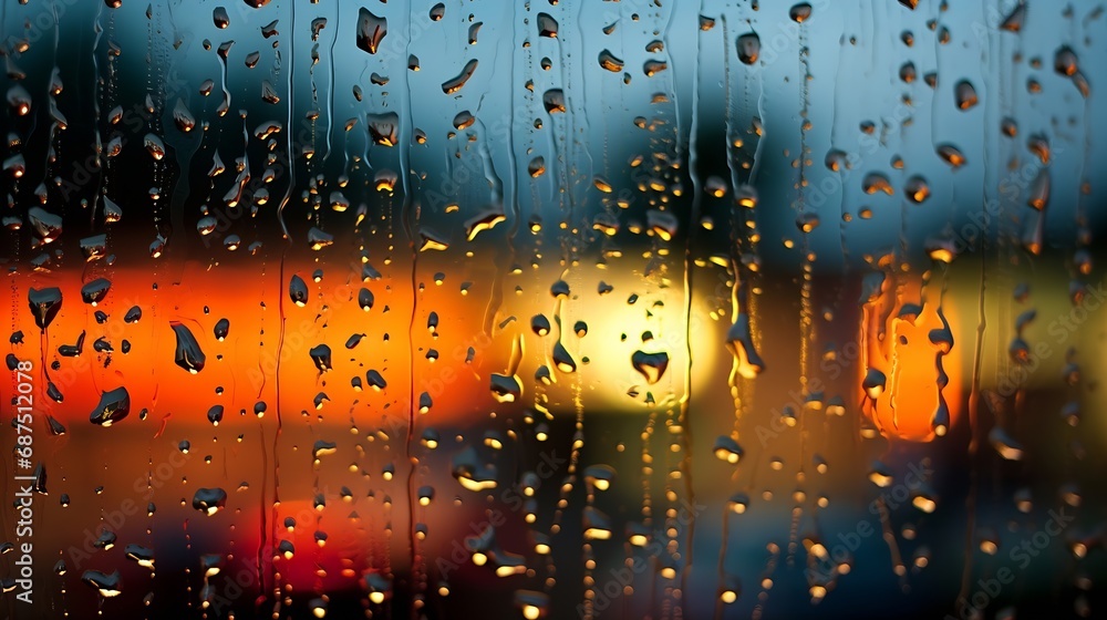 Drops of night rain on window, on back plan washed away lights of the ...