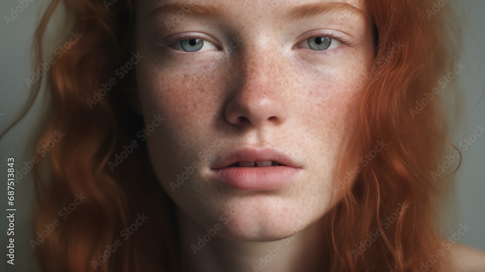 Beauty, portrait and natural face of woman with healthy freckle skin ...