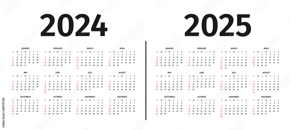 Calendar for 2024 and 2025 year. Calendar template, layout in black and ...