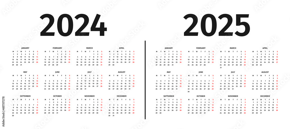 Calendar for 2024 and 2025 year. Calendar template, layout in black and ...