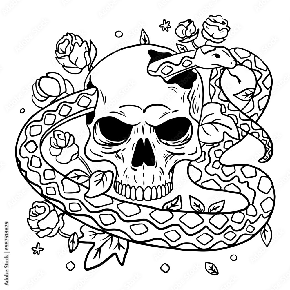 Vector isolated one skull with snake line drawing, black on white ...