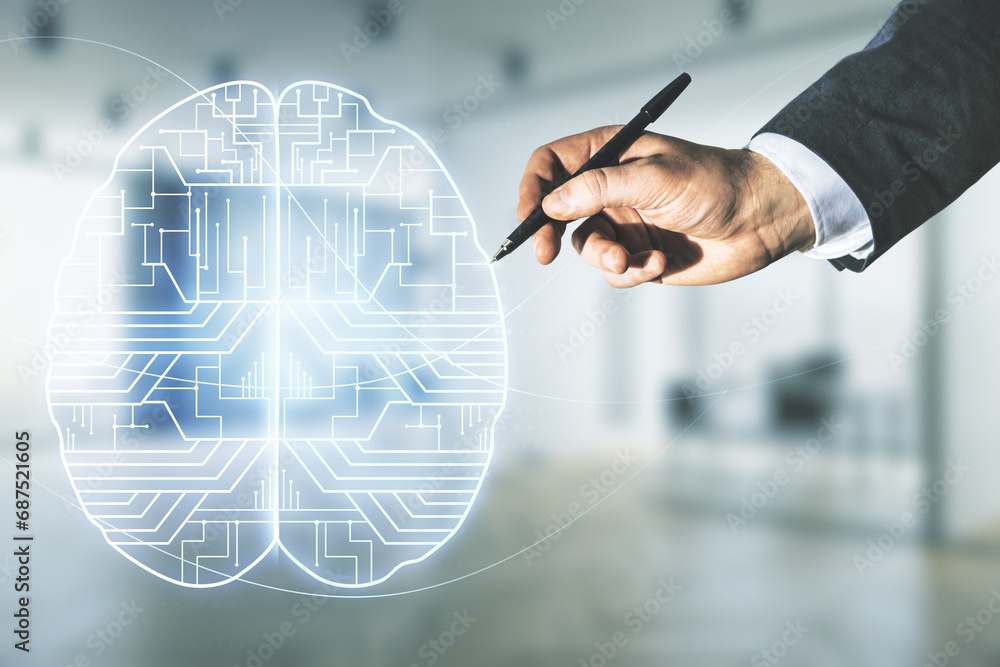 Double exposure of man hand with pen working with creative artificial ...