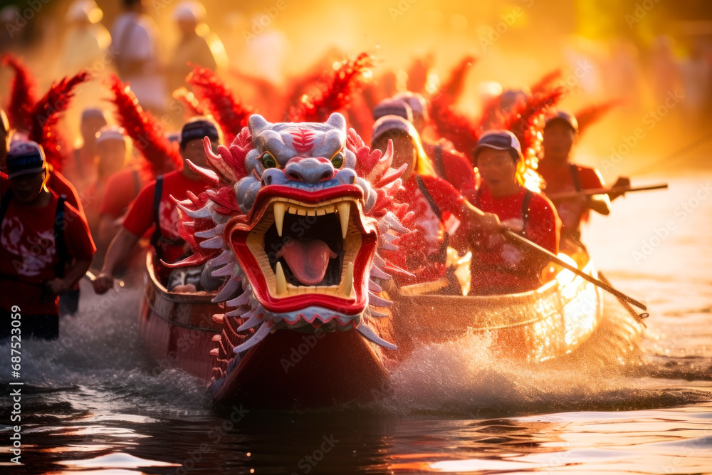 Excitement of a dragon boat race, where teams paddle vigorously to the ...