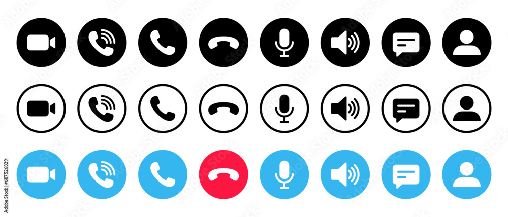 Video call button icon set screen template. Camera, handset, microphone ...