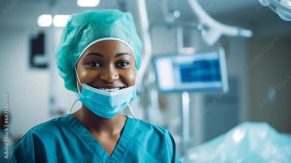 Smiling surgeon black woman in surgical operating room, talented doctor ...