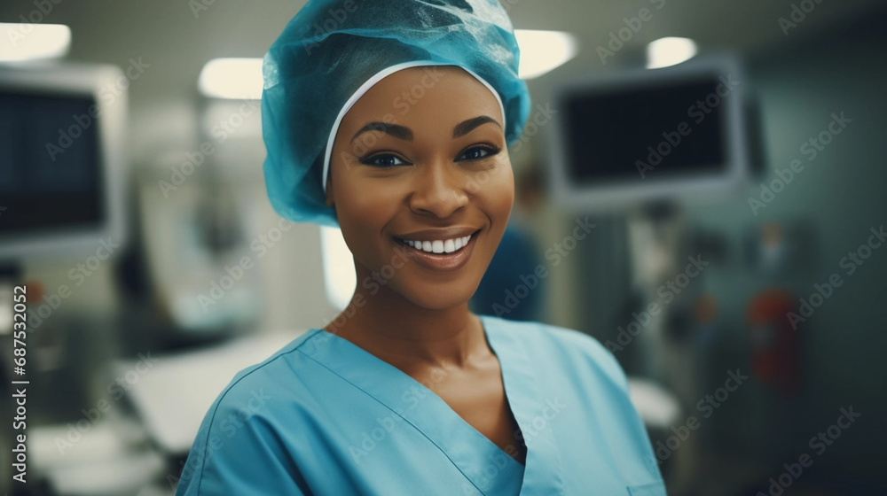 Smiling surgeon black woman in surgical operating room, talented doctor ...