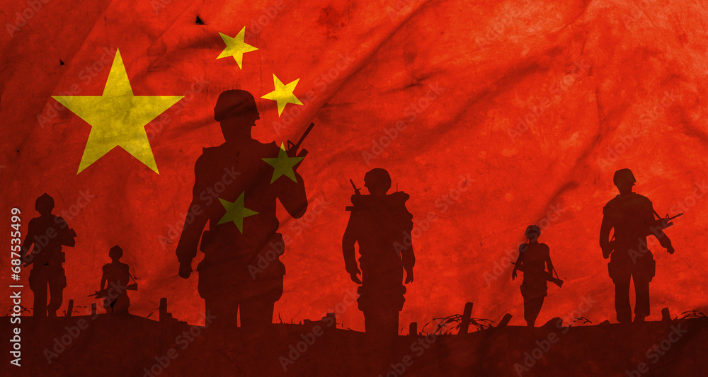 War in China, shadow of soldiers in the battlefield on dirty flag China ...