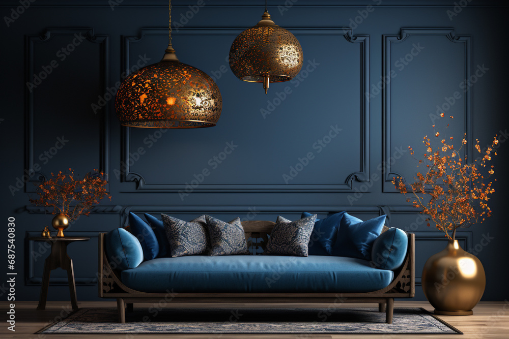 Blue room with sofa and tables with blue wall on blue background ...