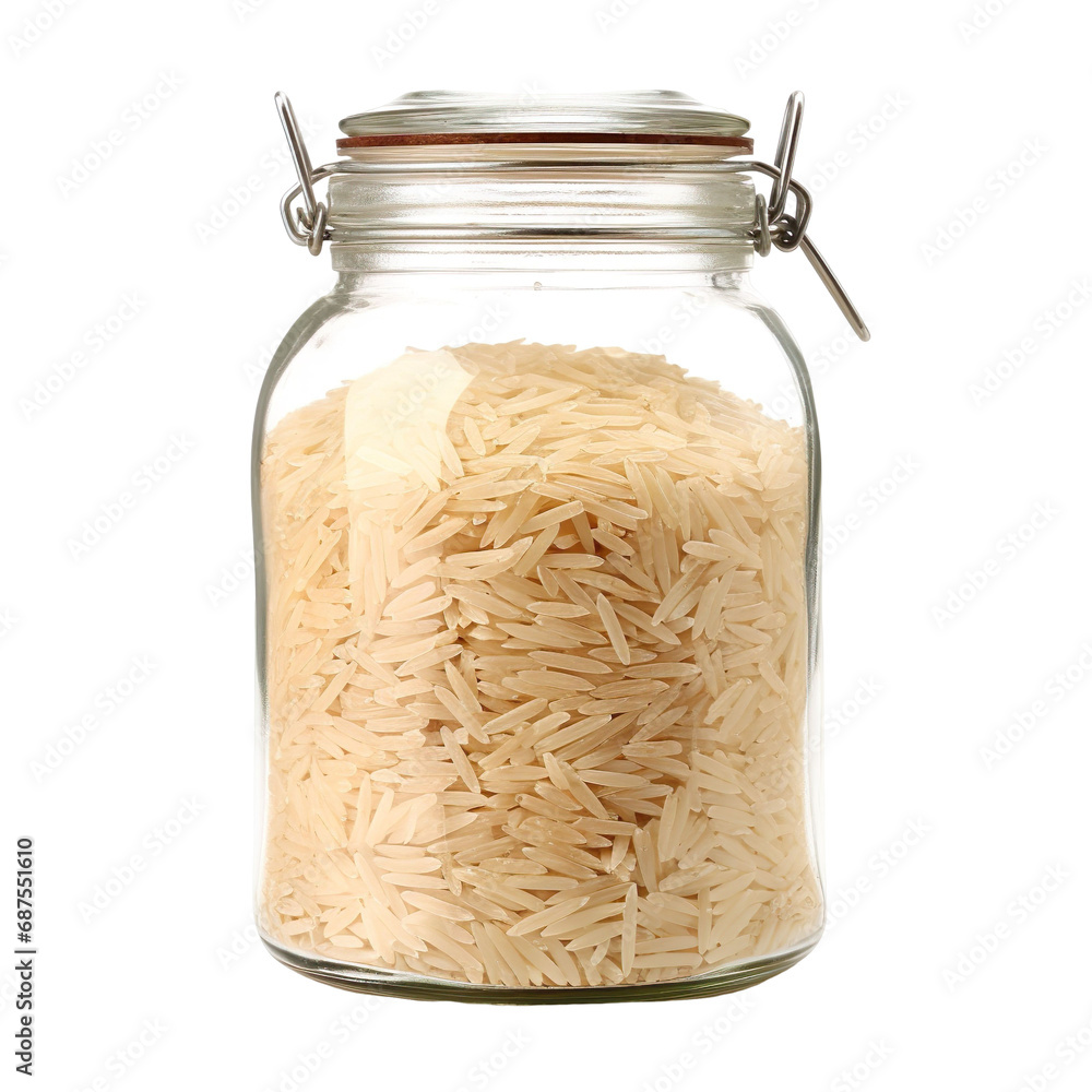 front view of Basmati Rice in a jar isolated on a white transparent ...