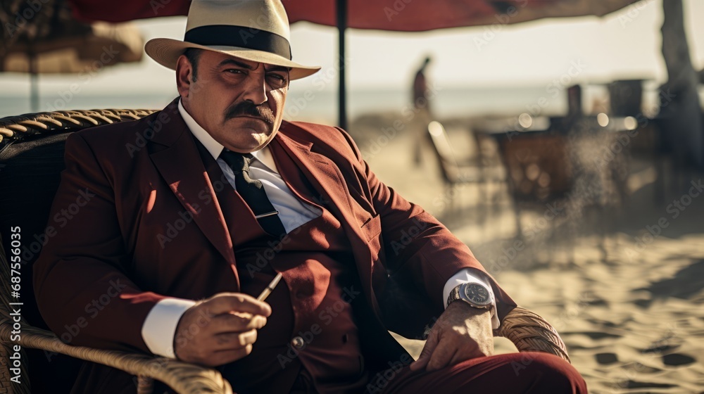 Generative AI image of Italian mafia boss with cigar at the beach ...