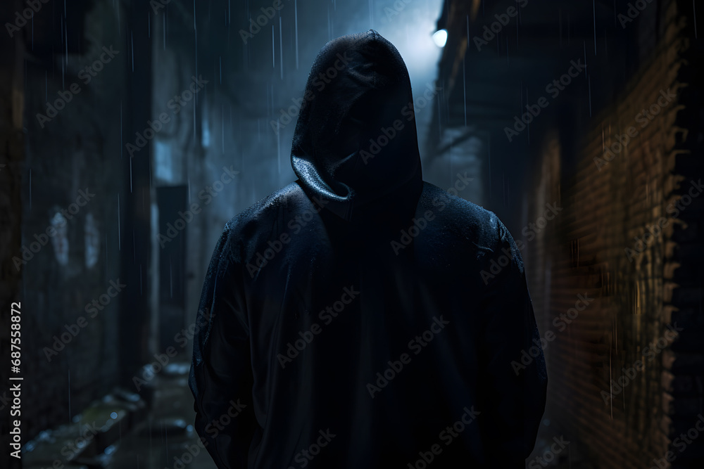 Back view of man in hood in alley at night. Concept for crime, robbery ...