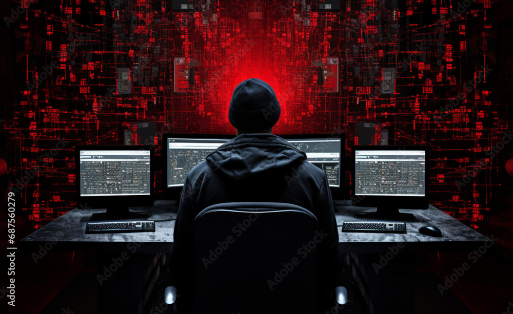 black silhouette of man sitting in front of monitors,against background of distorted double code ...