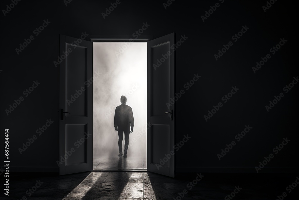 Gateway to Infinite Realms: Person Stepping through Surreal Doorway ...