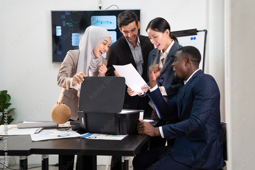 group of multiracial team colleague excited about output performance ...