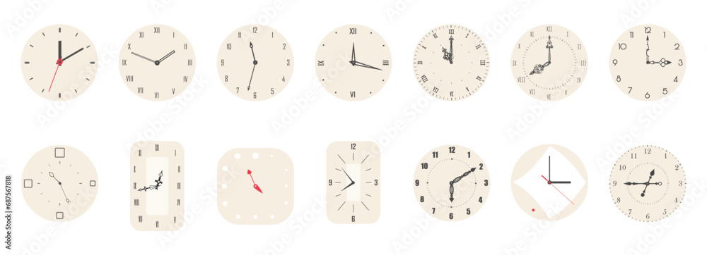 Clock faces set vector illustration. Cartoon isolated collection of old ...