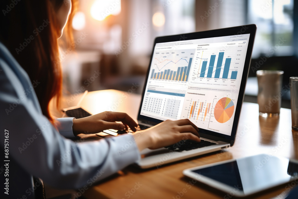 Female hands typing on laptop keyboard, infographic with charts and ...