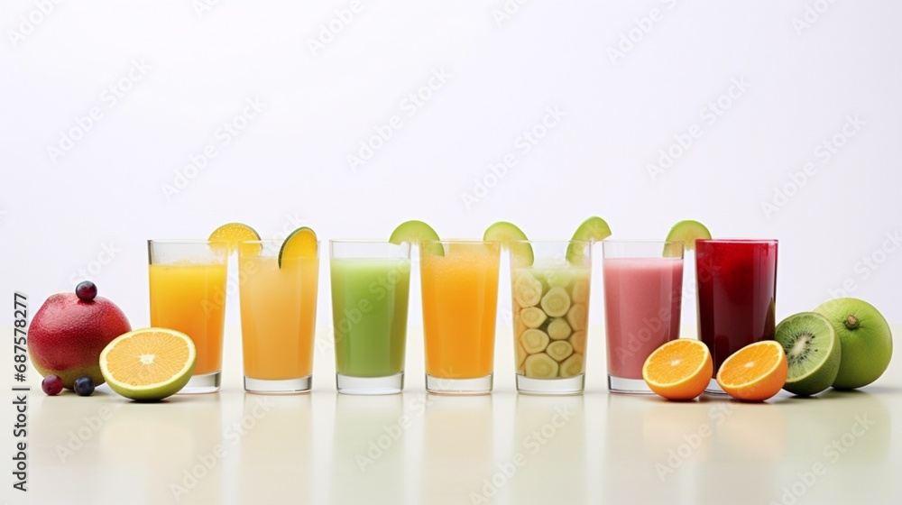 An array of juice glasses, each one containing a different fruit juice ...