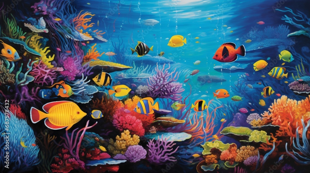 An array of tropical fish, their scales a vivid spectrum of colors ...
