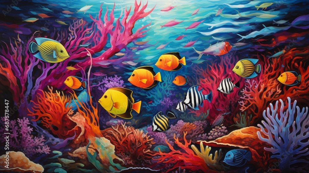 An array of tropical fish, their scales a vivid spectrum of colors ...