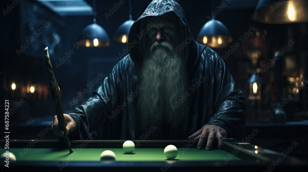 Wizard in robes engaging in a game of ping pong in a dimly lit basement ...