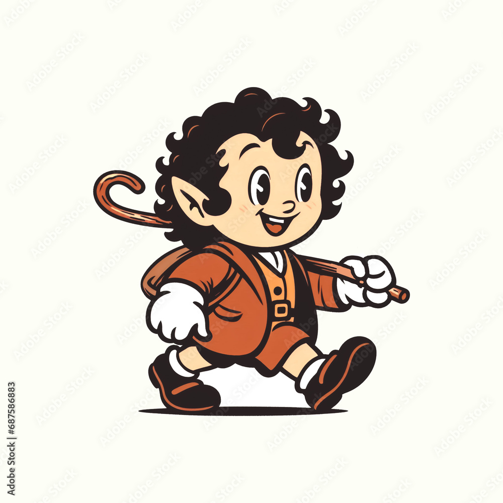 cartoon hobbit mascot, walking, wearing white gloves, isolated on white ...