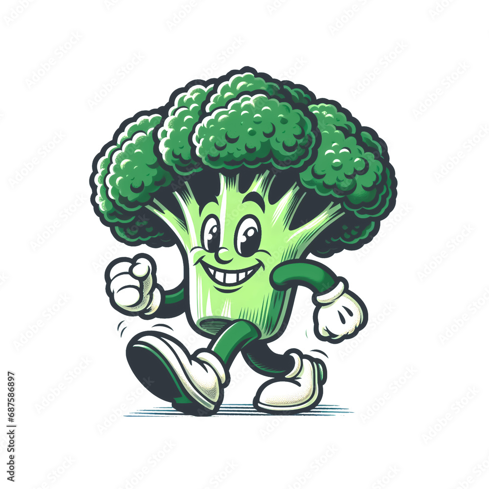 cartoon broccoli mascot, walking, wearing white gloves, isolated on ...