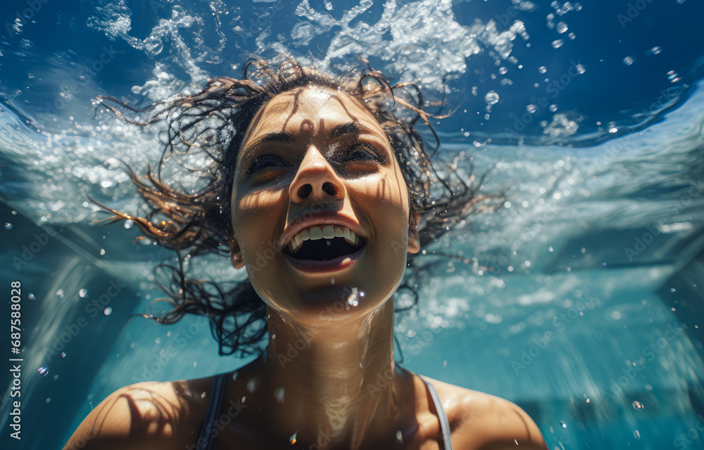 The happy girl enjoys the sea, swimming, diving, and courageously ...