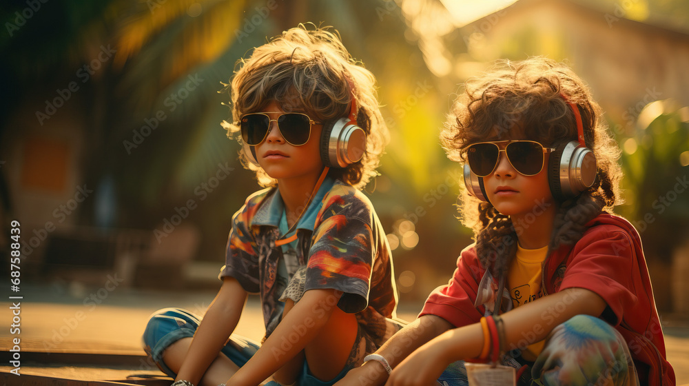 Kids with headphones and sun glasses. Playing with Retro Toys in 90s ...