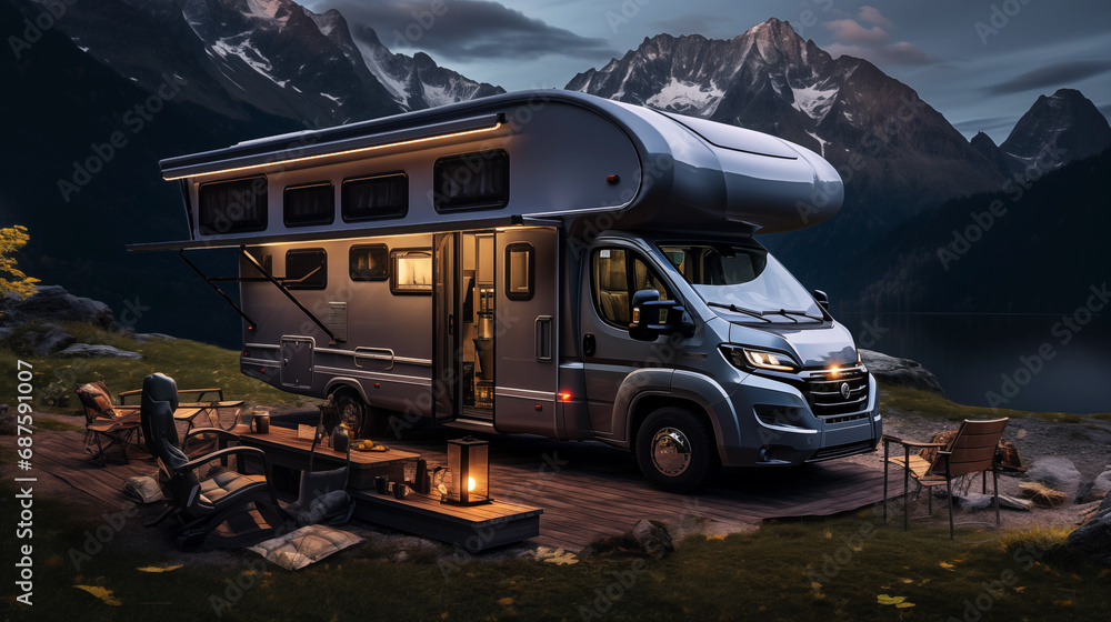 Super luxury design of modern motorhome on the background of the night ...