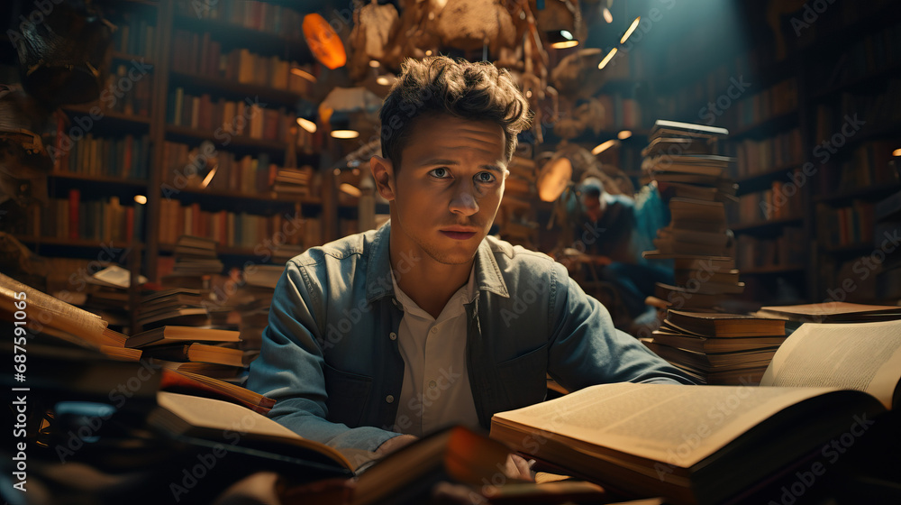 Library Enthusiasts: Man in libraries, surrounded by shelves of books ...