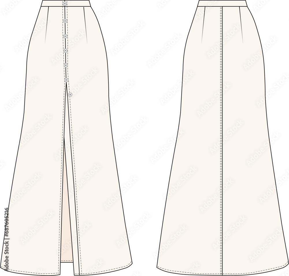 flared a line maxi long skirt with slits template technical drawing ...