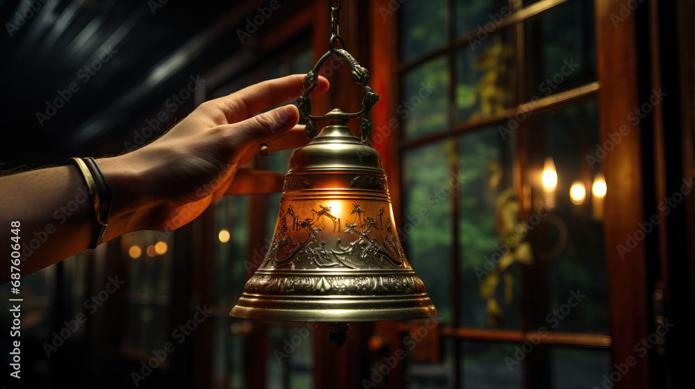Hand reaching out to a metal bell hanging on a front porch. Concept of ...