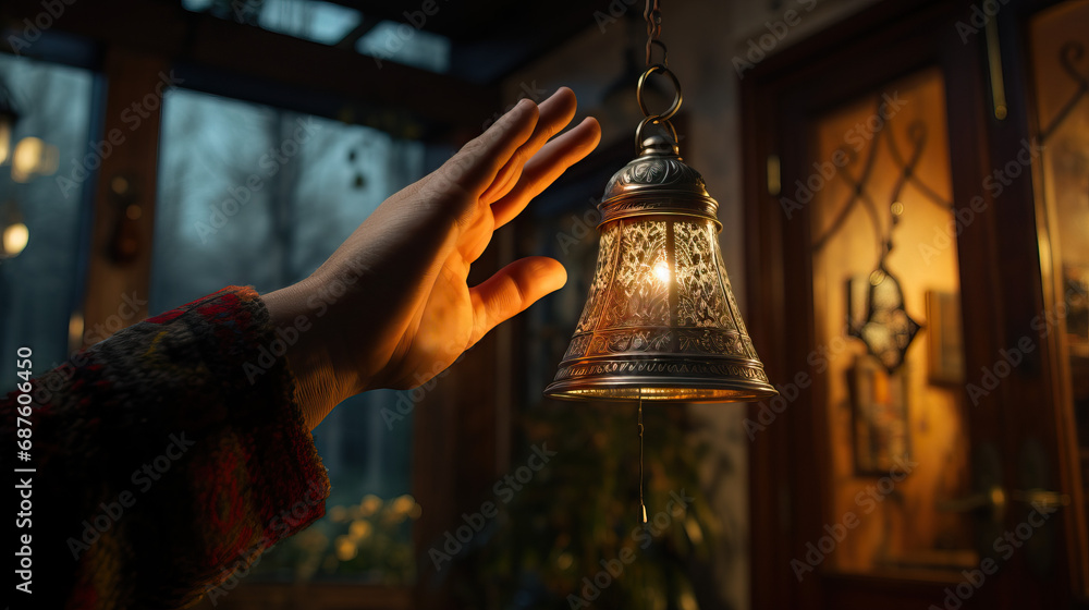 Hand reaching out to a metal bell hanging on a front porch. Concept of ...