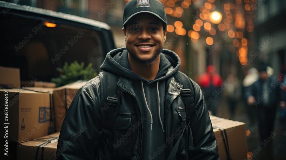 Black delivery driver man with cardboard boxes. Concept of logistics ...