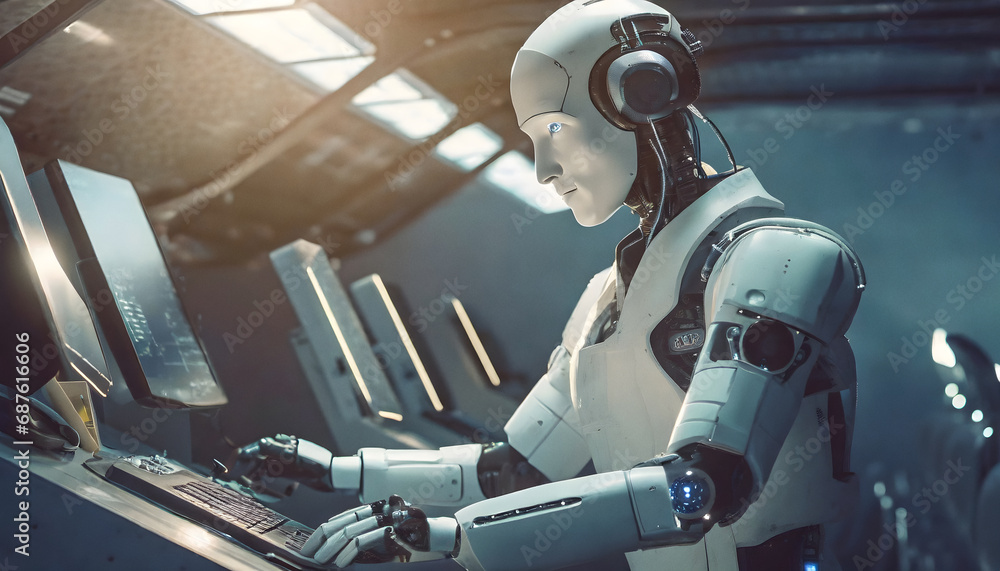 Humanoid robot in air traffic control aviation environment Stock Photo ...
