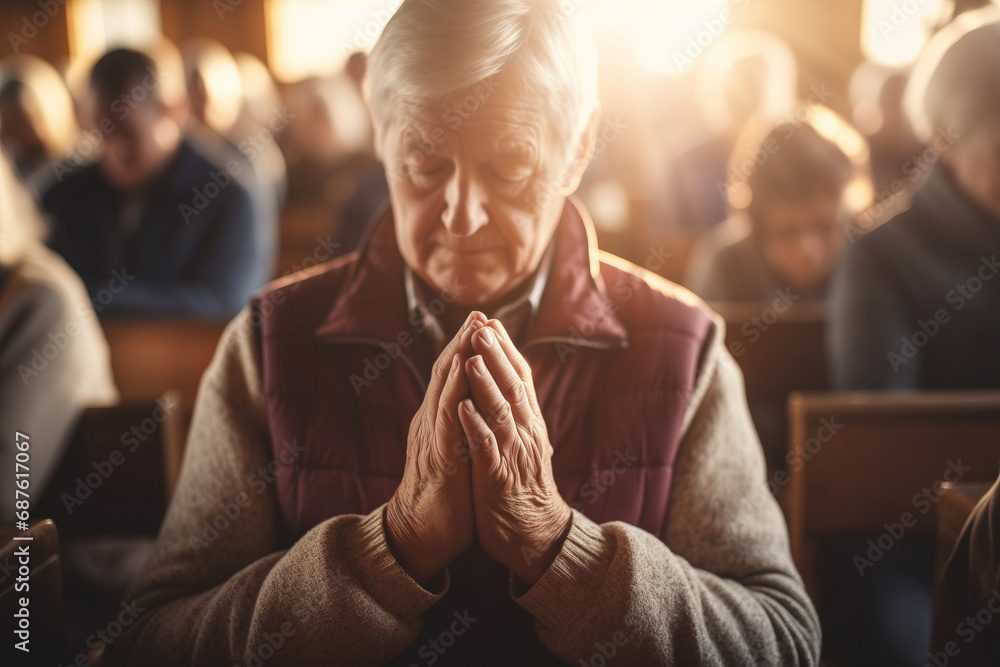 Elder woman pray in church Christian life crisis prayer to god. Hands ...