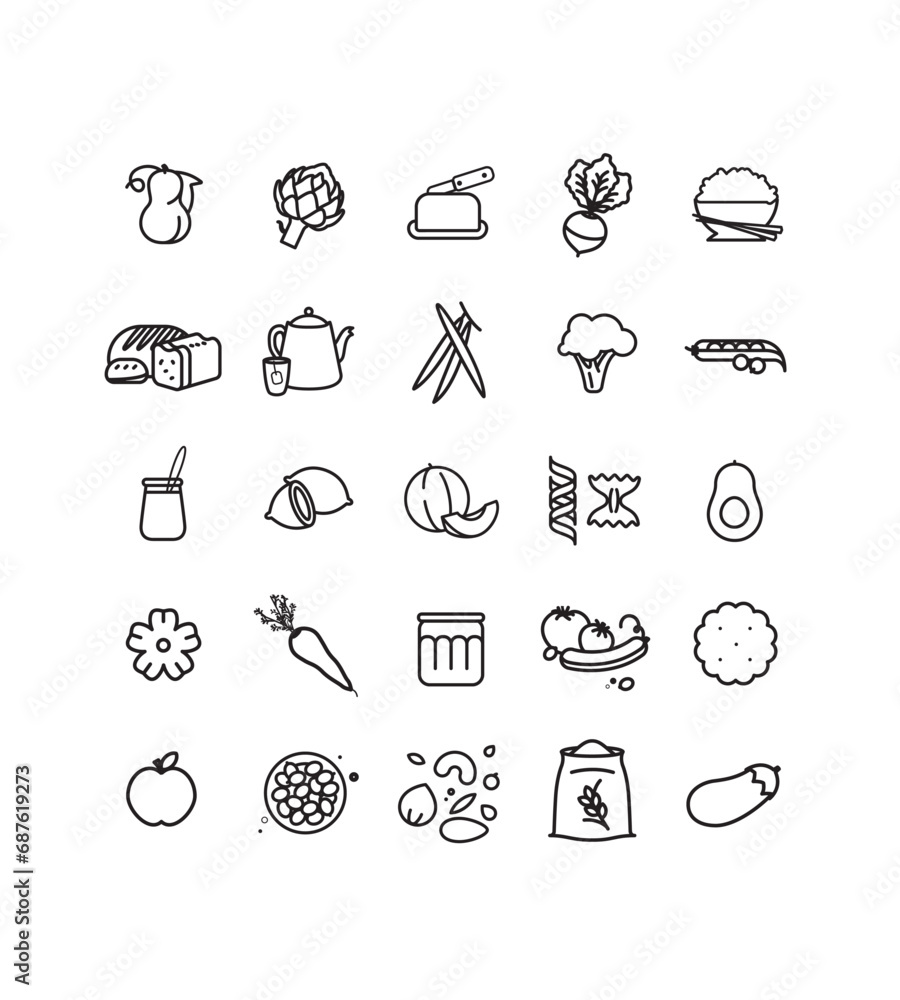 collection de symboles, aliments, vegan, panier du jardin, picto ...