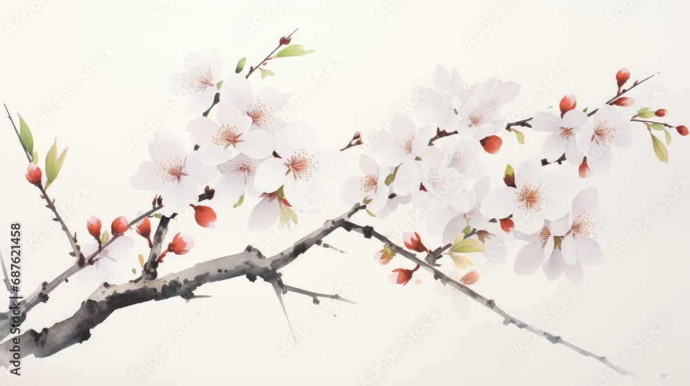Sakura flower on branches drawn with traditional ink paints. Beautiful ...