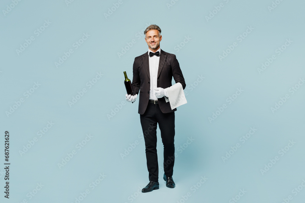 Full body adult sommelier barista male waiter butler man wears shirt ...