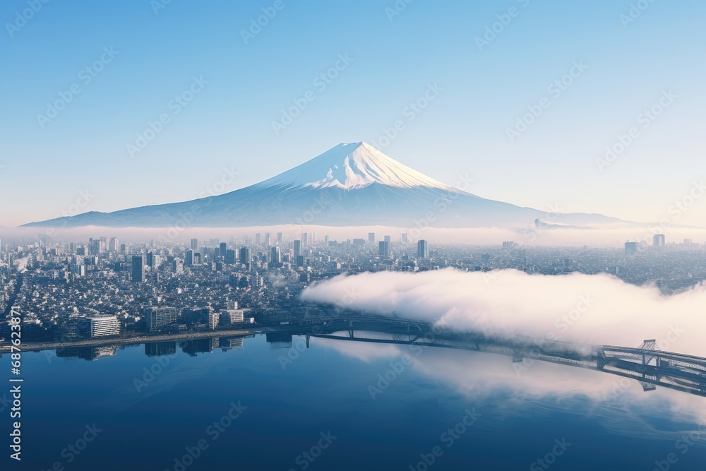 Mount Fuji and Kawaguchiko lake in Japan. 3d rendering, Aerial view of ...