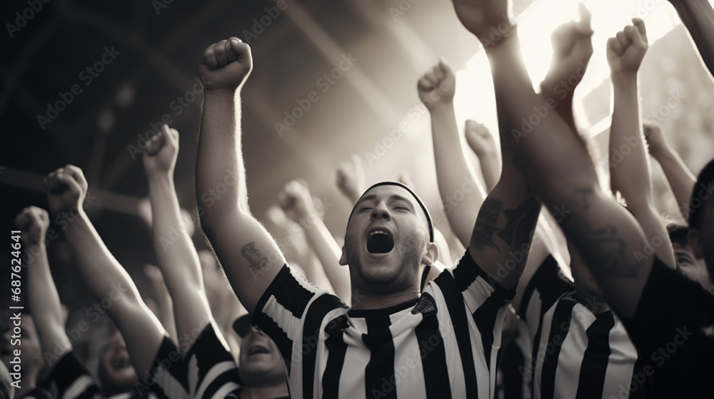 Crowd of sports fans cheering during a match in stadium. Excited people ...