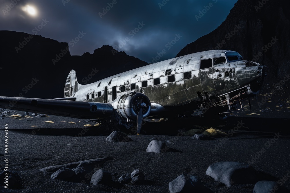 3D rendering of an old rusty aircraft in the desert at night, An ...
